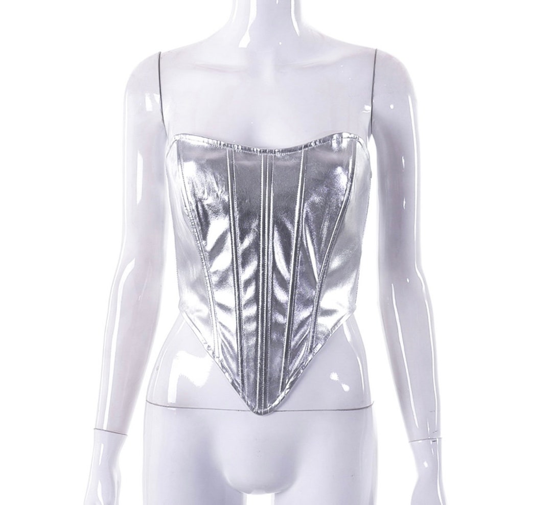 Silver Metallic Strapless Corset Crop Top Going Out Party - Etsy