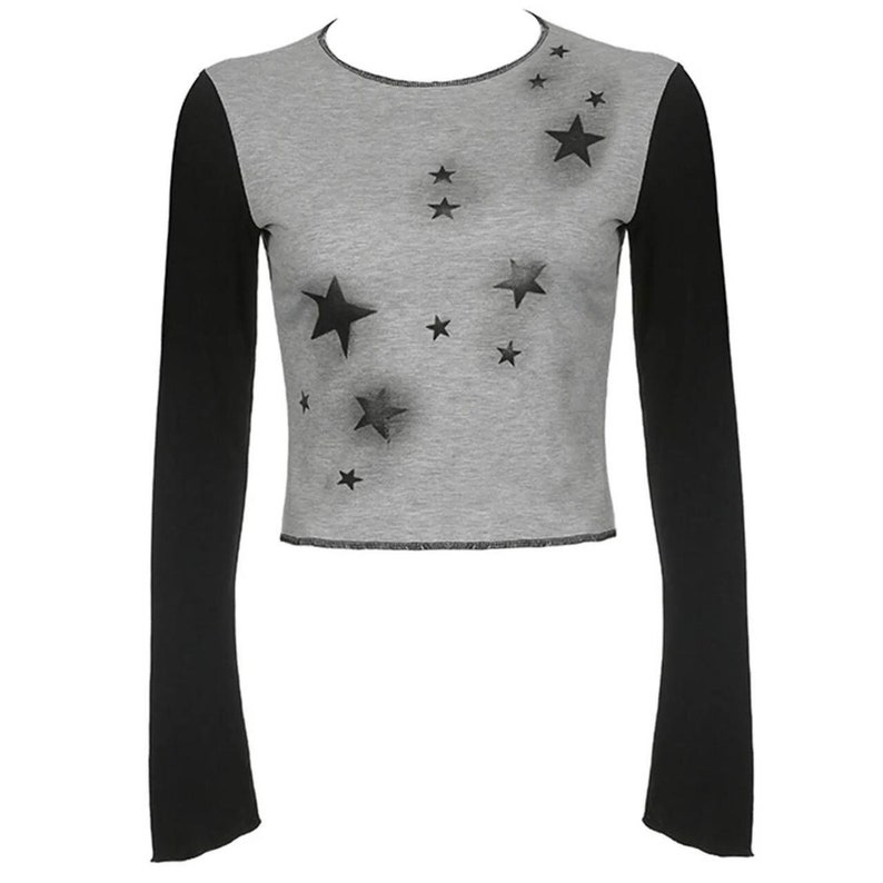 Y2k Graffiti Star Grey And Black Raglan Crop Top Kawaii Grunge Etsy