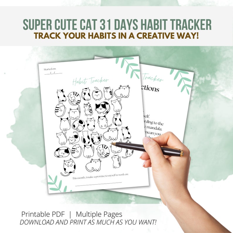 31 Days Habit Tracker Printable | Daily Kitten and Cat Colouring ...