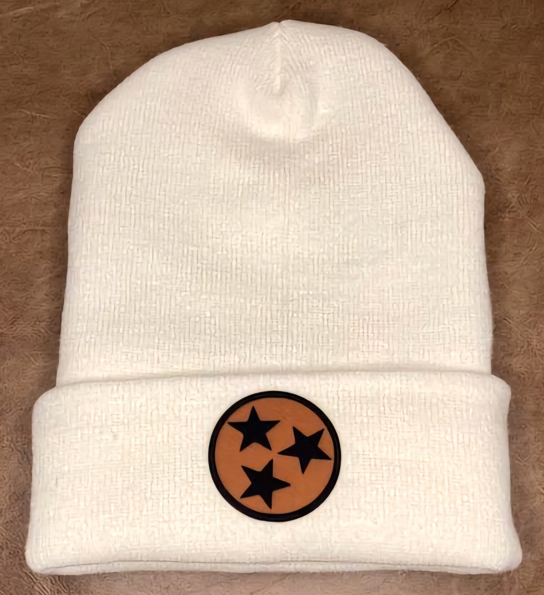 White Beanie With Tri Star Leather Patch - Etsy