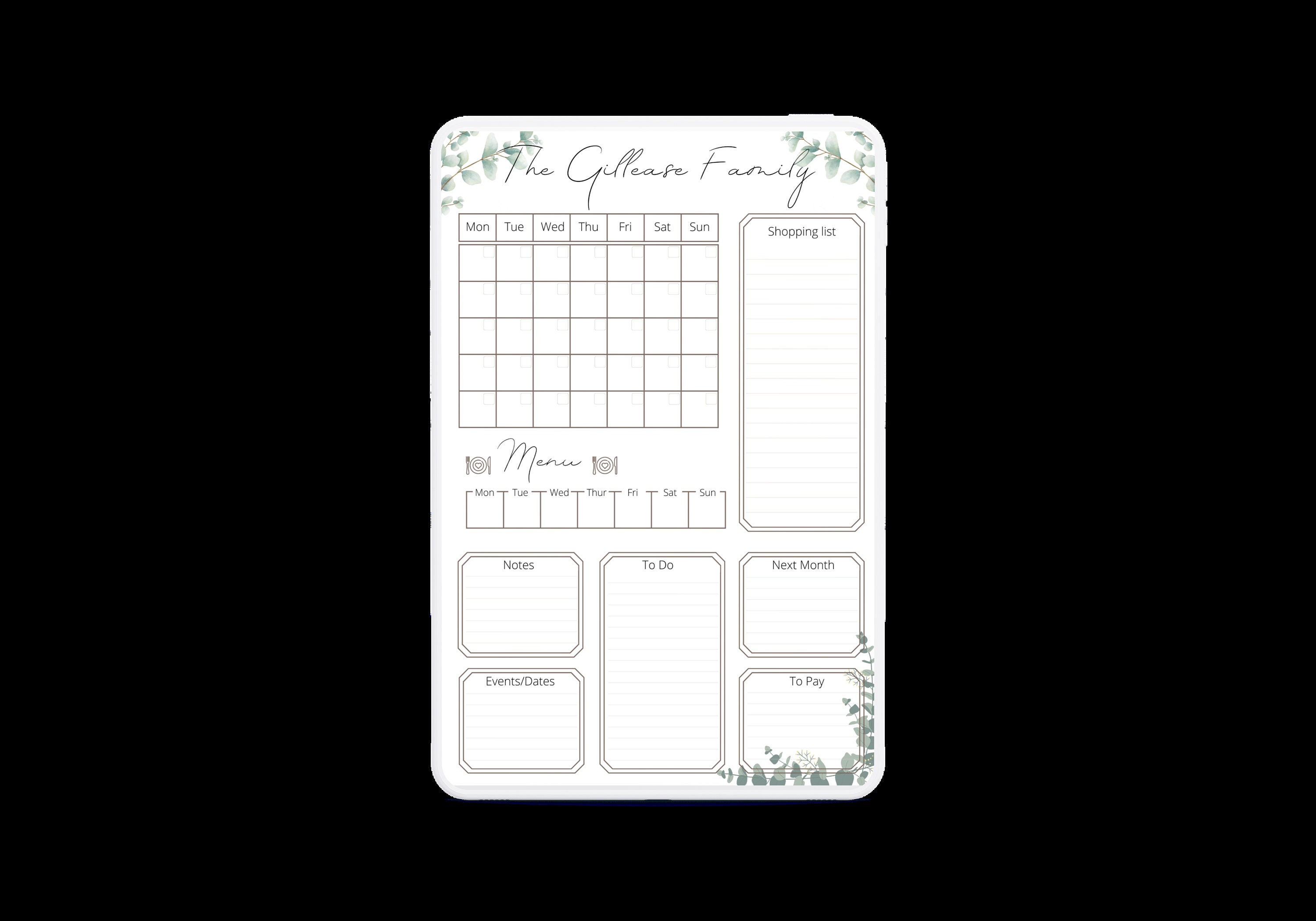 Family Planner, Home Organization Chart, Monthly to Do's, Shopping List ...