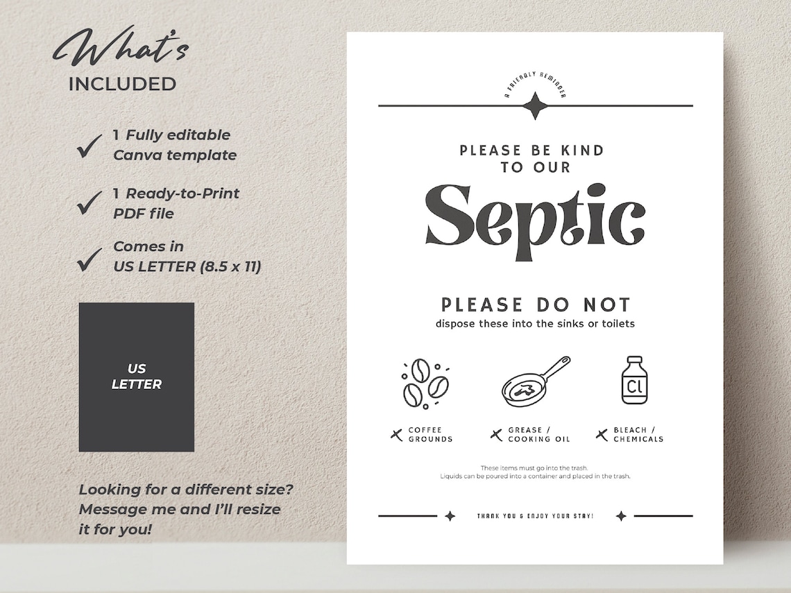 Airbnb Septic Sign | Printable Septic Rules Sign | Editable Canva ...