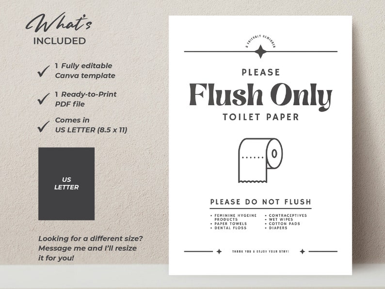 Airbnb Bathroom Sign | Flush Only Toilet Paper | Printable Bathroom ...