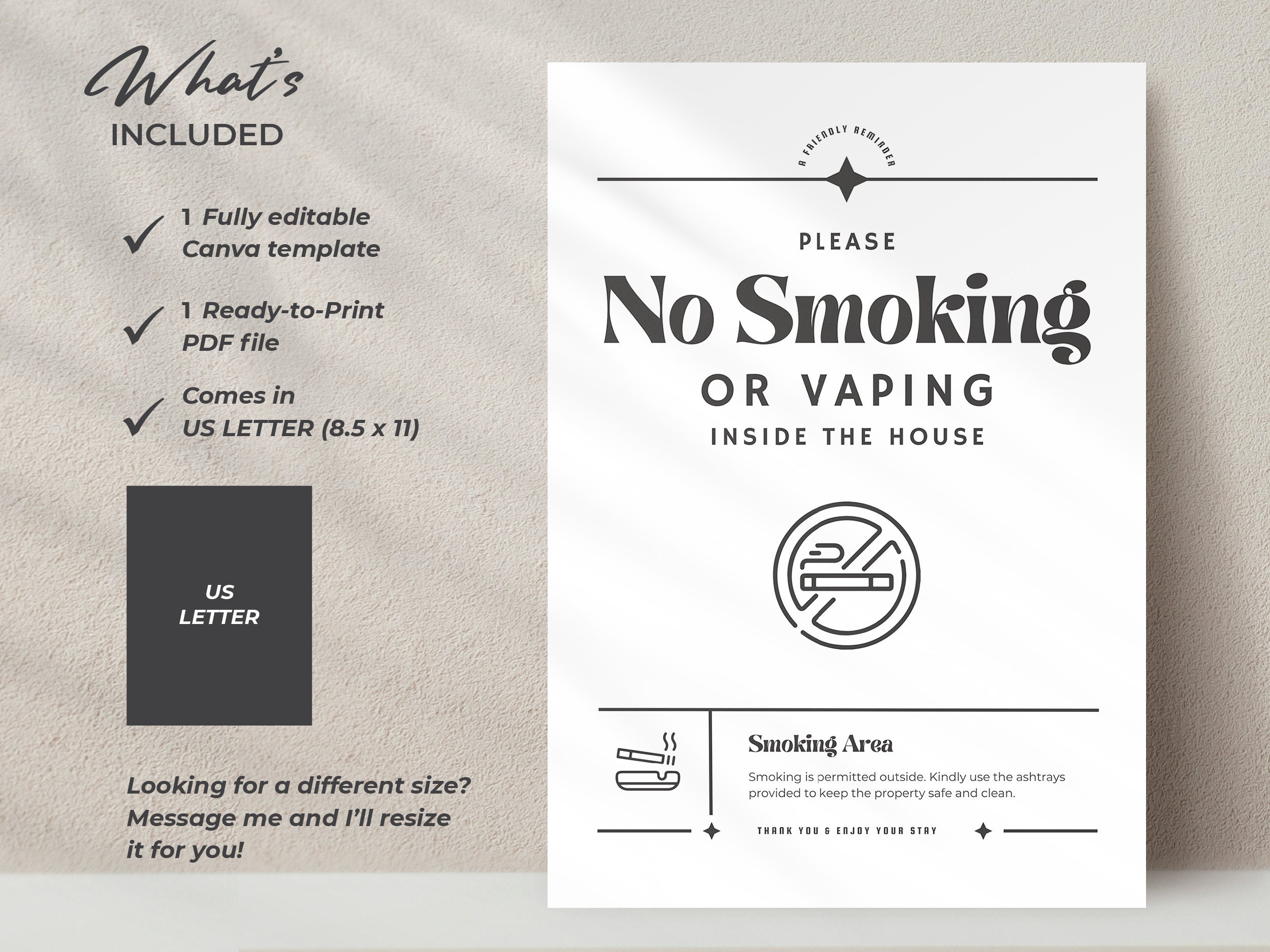 Airbnb No Smoking Sign | Editable Canva Template | VRBO No Smoking ...