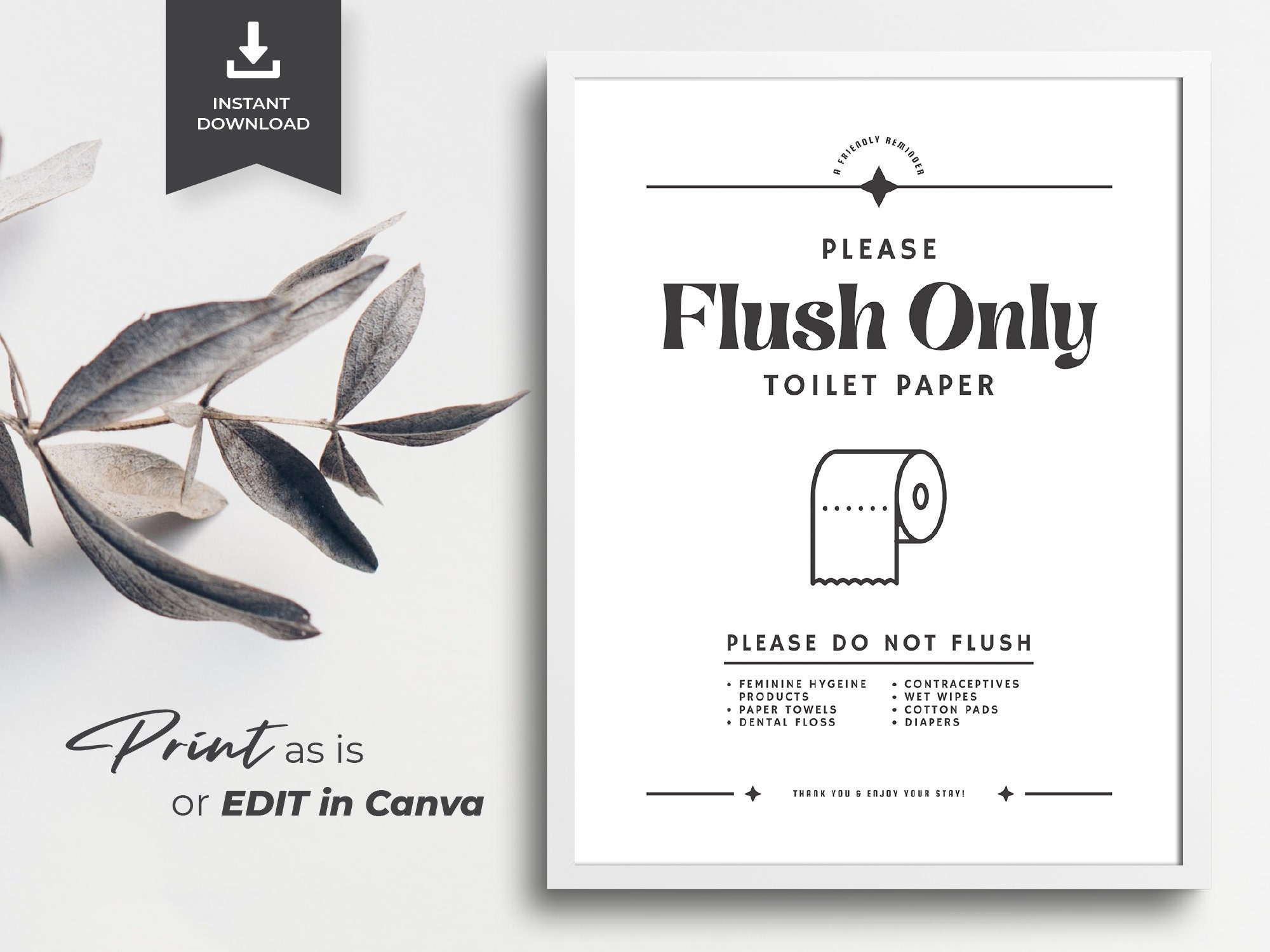Airbnb Bathroom Sign | Flush Only Toilet Paper | Printable Bathroom ...