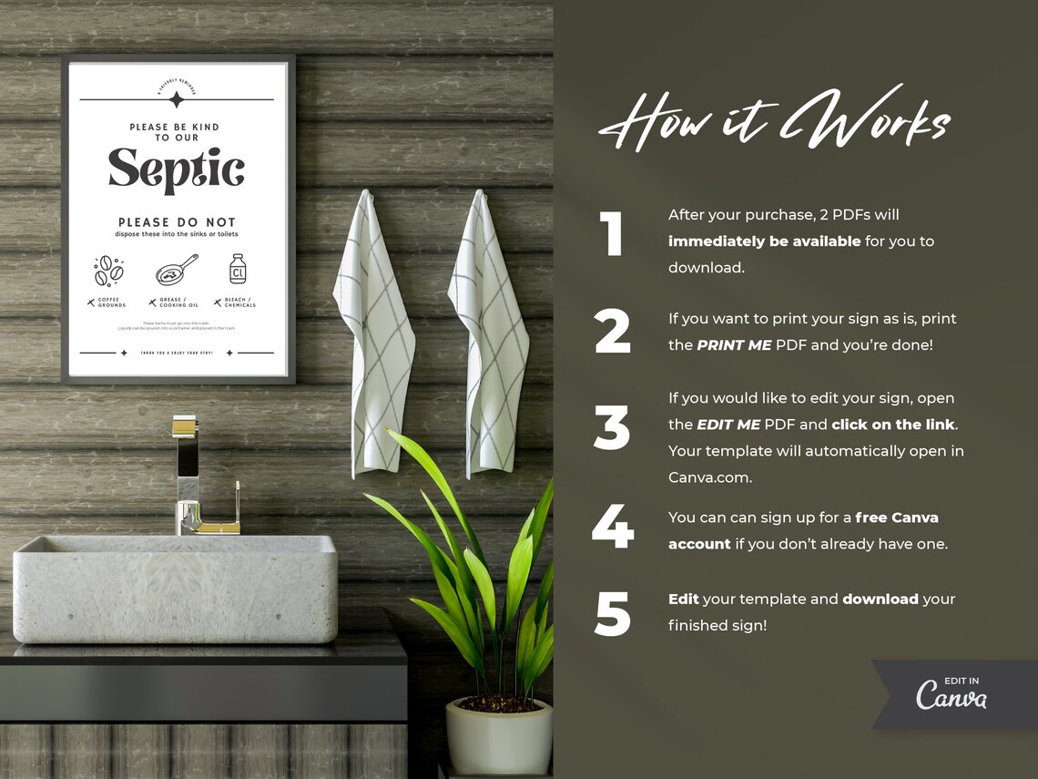 Airbnb Septic Sign | Printable Septic Rules Sign | Editable Canva ...