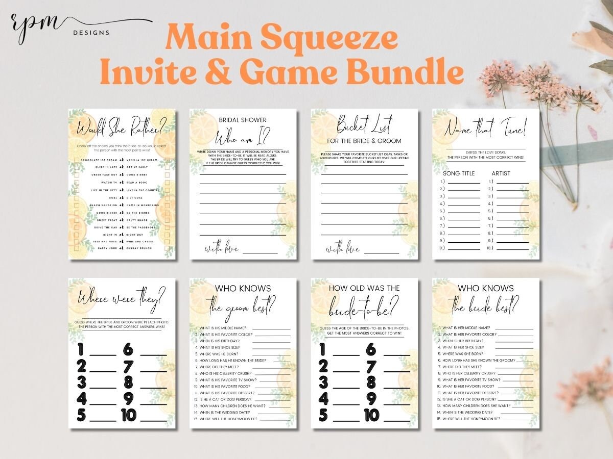 Main Squeeze Bridal Shower Invitation and Games Bundle | Bridal Shower ...