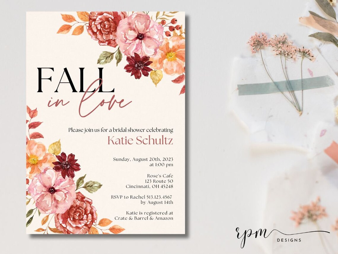 Fall in Love Bridal Shower Invitation | Bridal Shower Canva Template | Downloadable Invitation ...