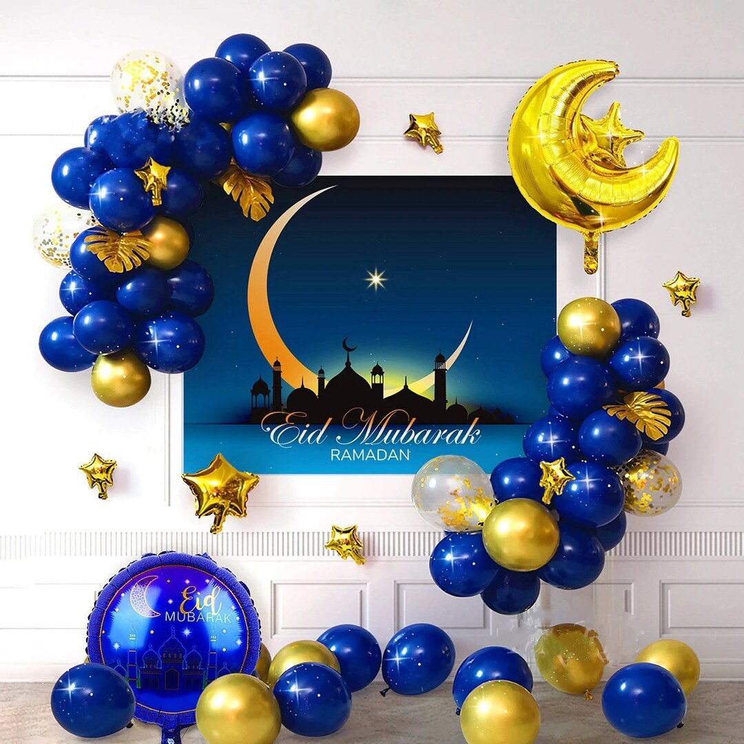 Eid Balloon Arch Kit With Banner Blue and Gold Eid Fabric Banner 50pcs ...