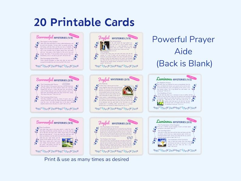 Printable Rosary Prayer Card Set: 20 Colorful Notecards With Prayers ...