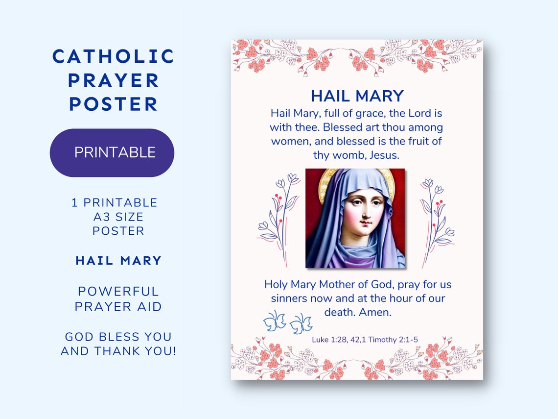Hail Mary Prayer Poster Printable A3 11.7 X 16.5 Catholic Prayers ...