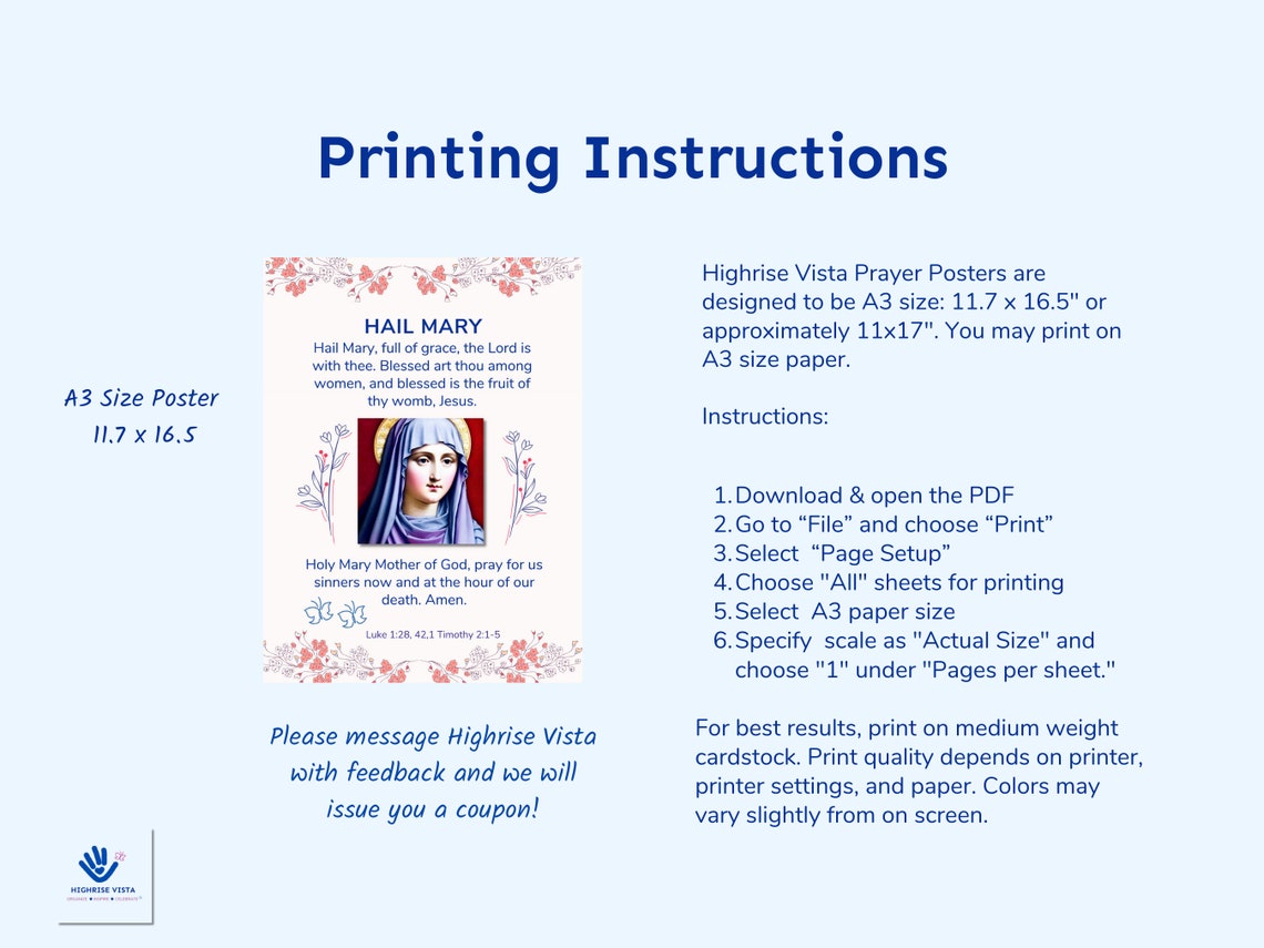 Hail Mary Prayer Poster | Printable | A3 11.7 X 16.5 | Catholic Prayers ...