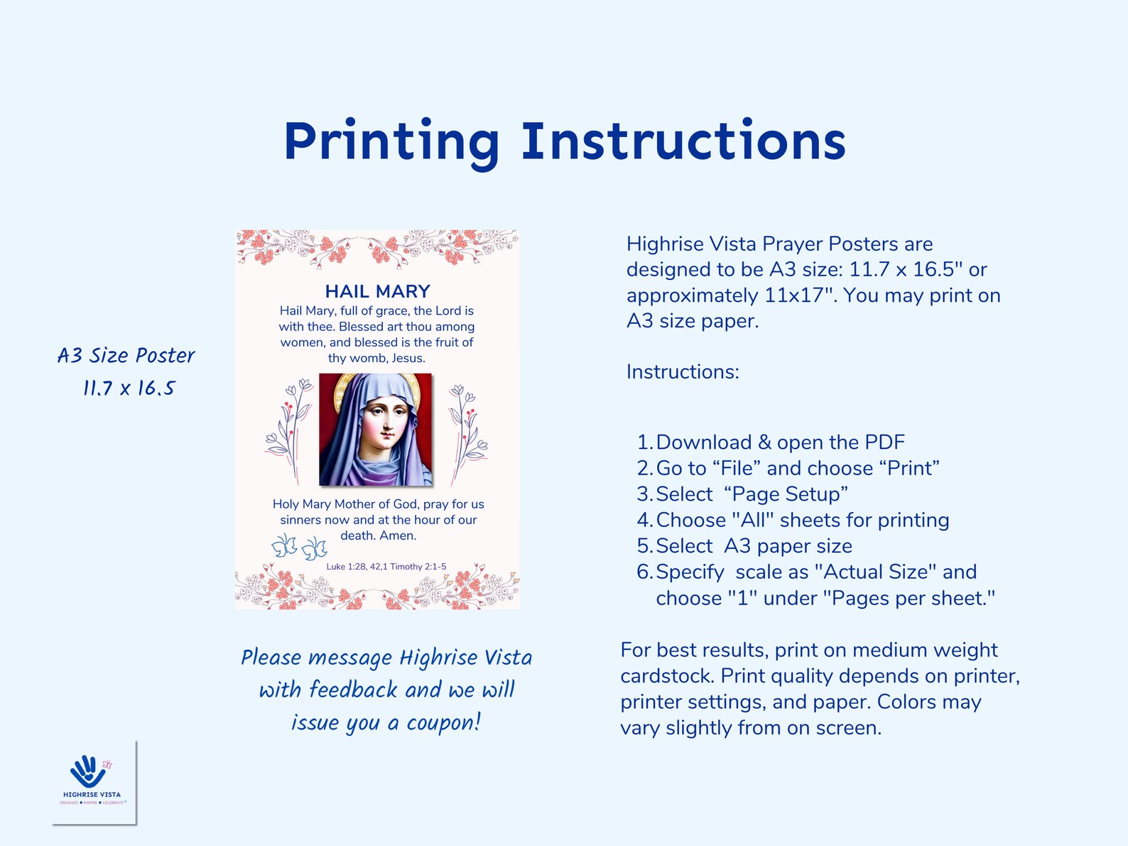 Hail Mary Prayer Poster | Printable | A3 11.7 X 16.5 | Catholic Prayers ...