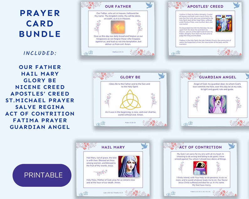 Prayer Cards Printable 4 X 6 Catholic Prayers Our Father, Hail Mary, Glory Be, Apostles Creed ...