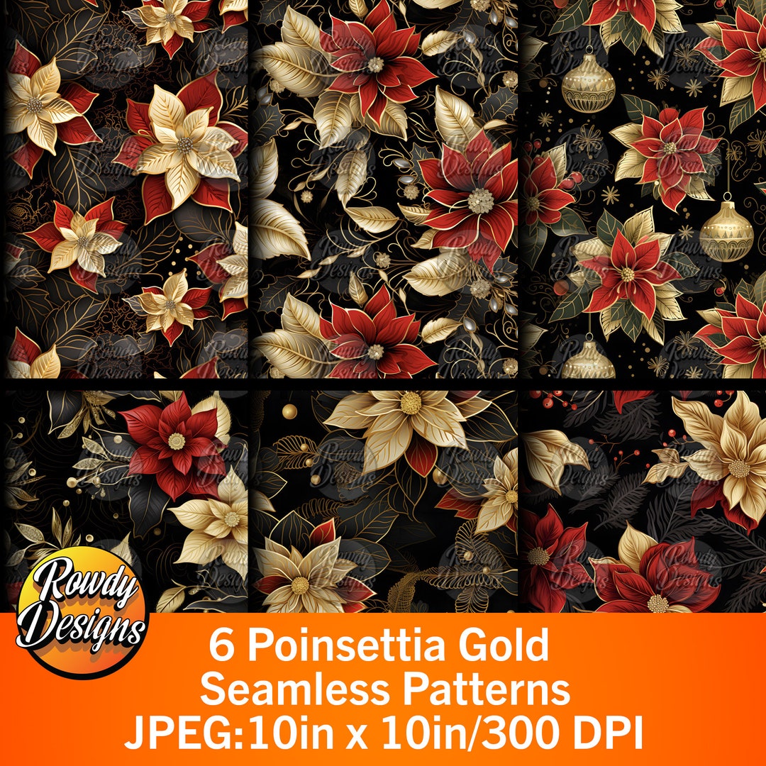 Poinsettia Gold Seamless Patterns, Christmas Digital Paper, Christmas ...