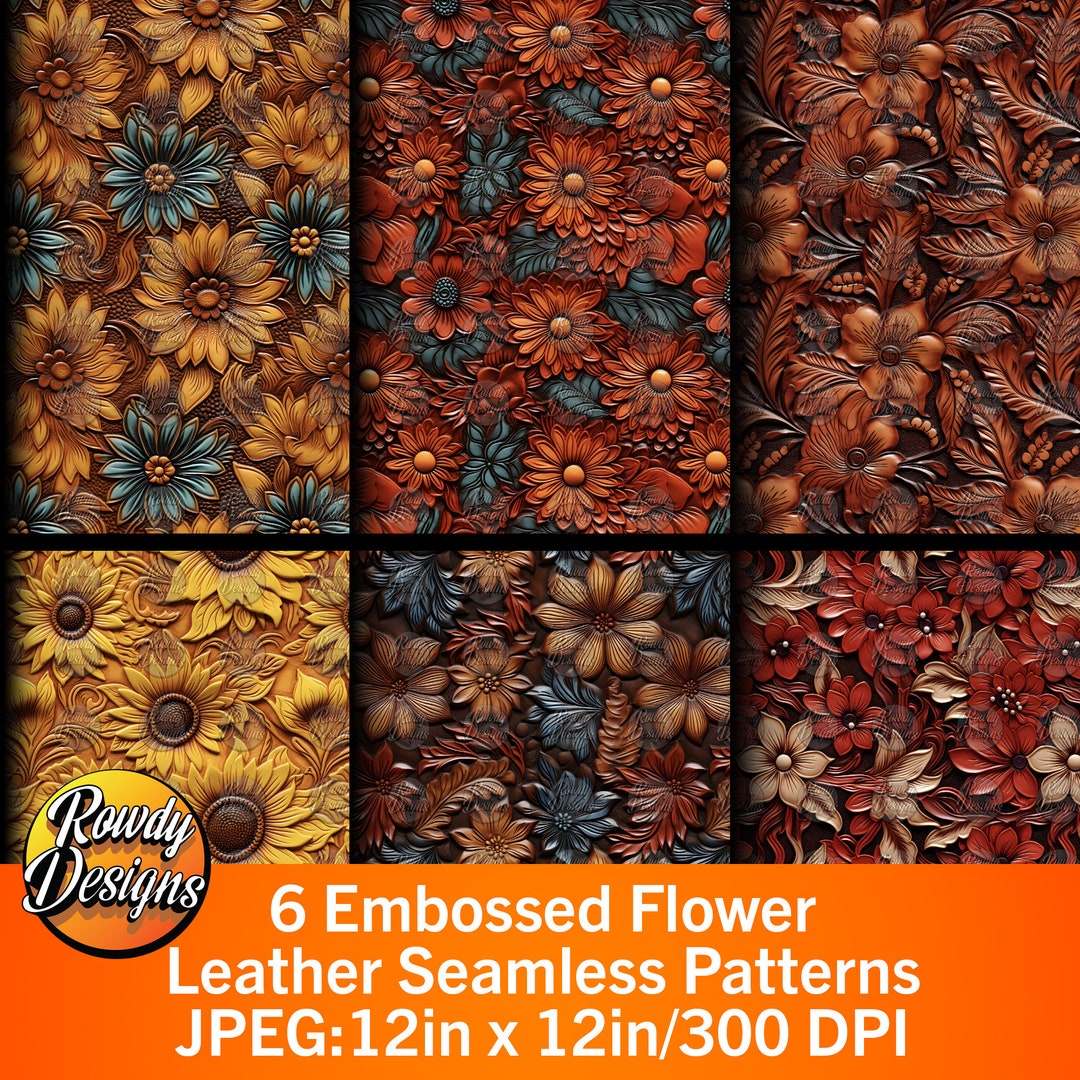 Embossed Flower Leather Seamless Patterns, Flower Leather Digital Papers, Engraved Leather ...
