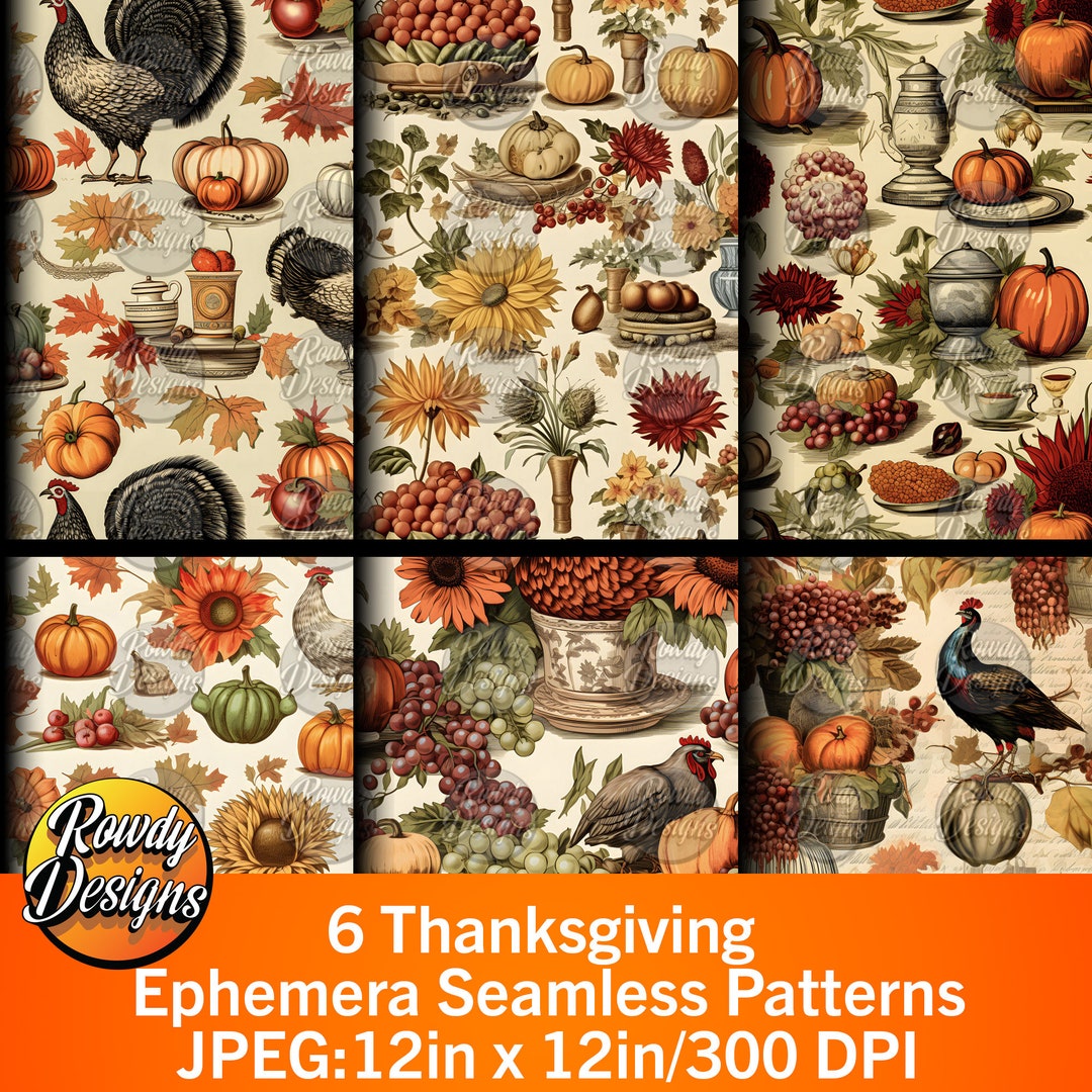 Thanksgiving Ephemera Seamless Pattern, Thanksgiving Digital Paper ...