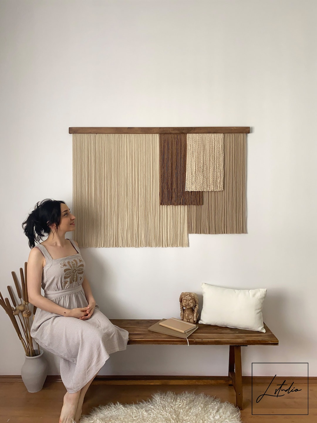 Large Layered Sand and Earth Tone Geometric Yarn Tapestry Home Decor ...