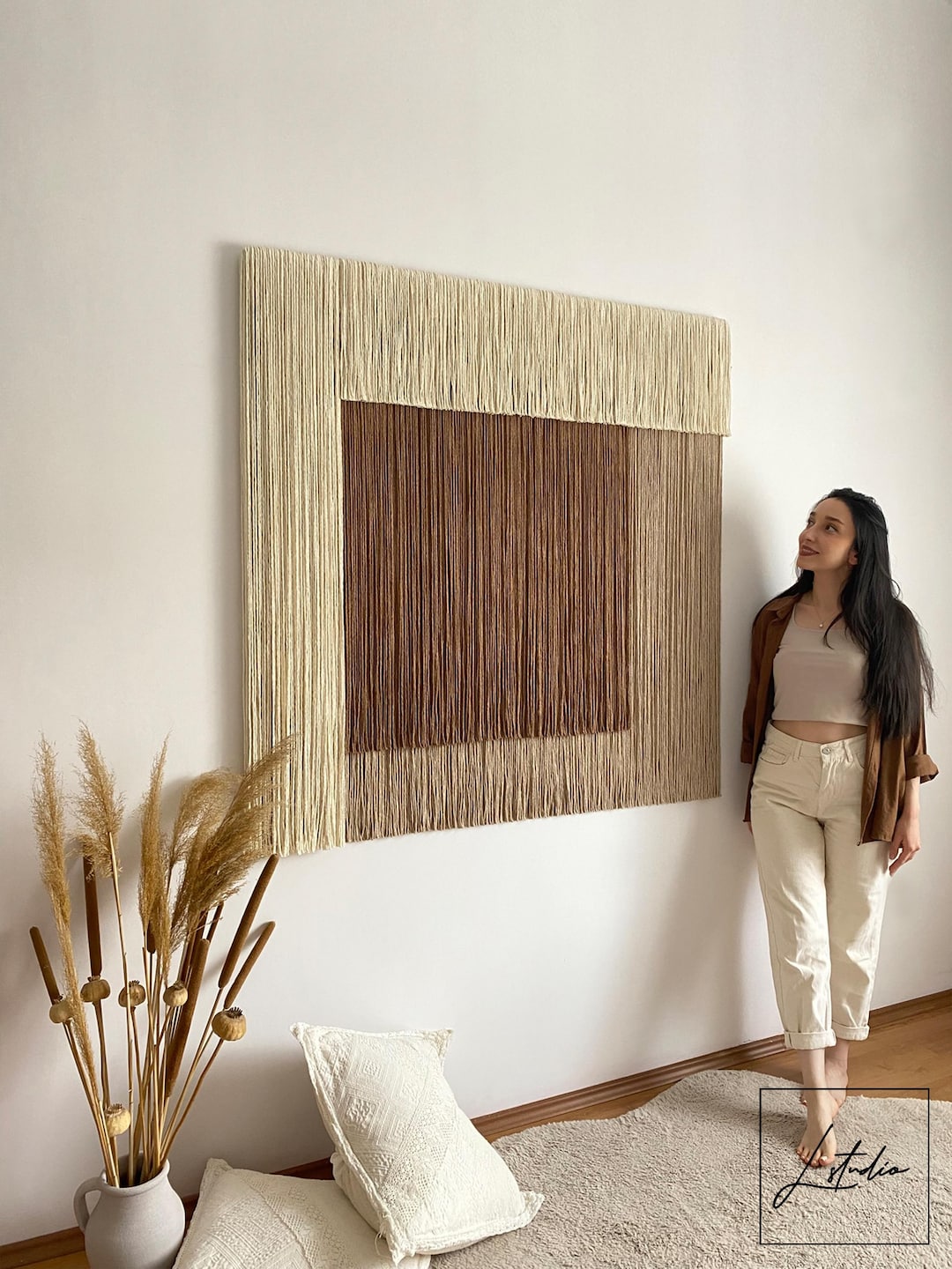 Macrame Wall Hanging Designed With Rectangular Shapes With a Square in ...