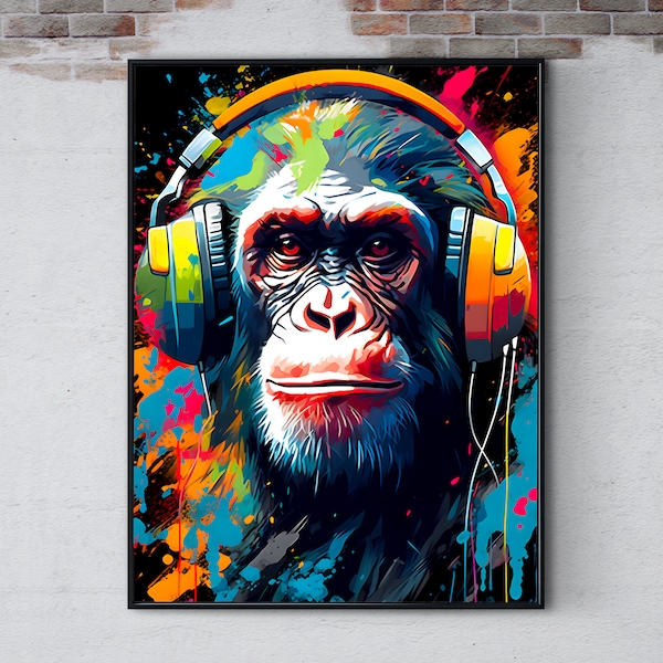 Monkey With Headphones Art Poster - Etsy