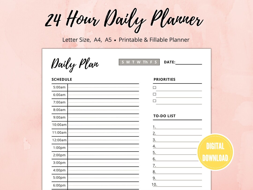 24 Hour Daily Planner Printable Daily Time Management To-do - Etsy