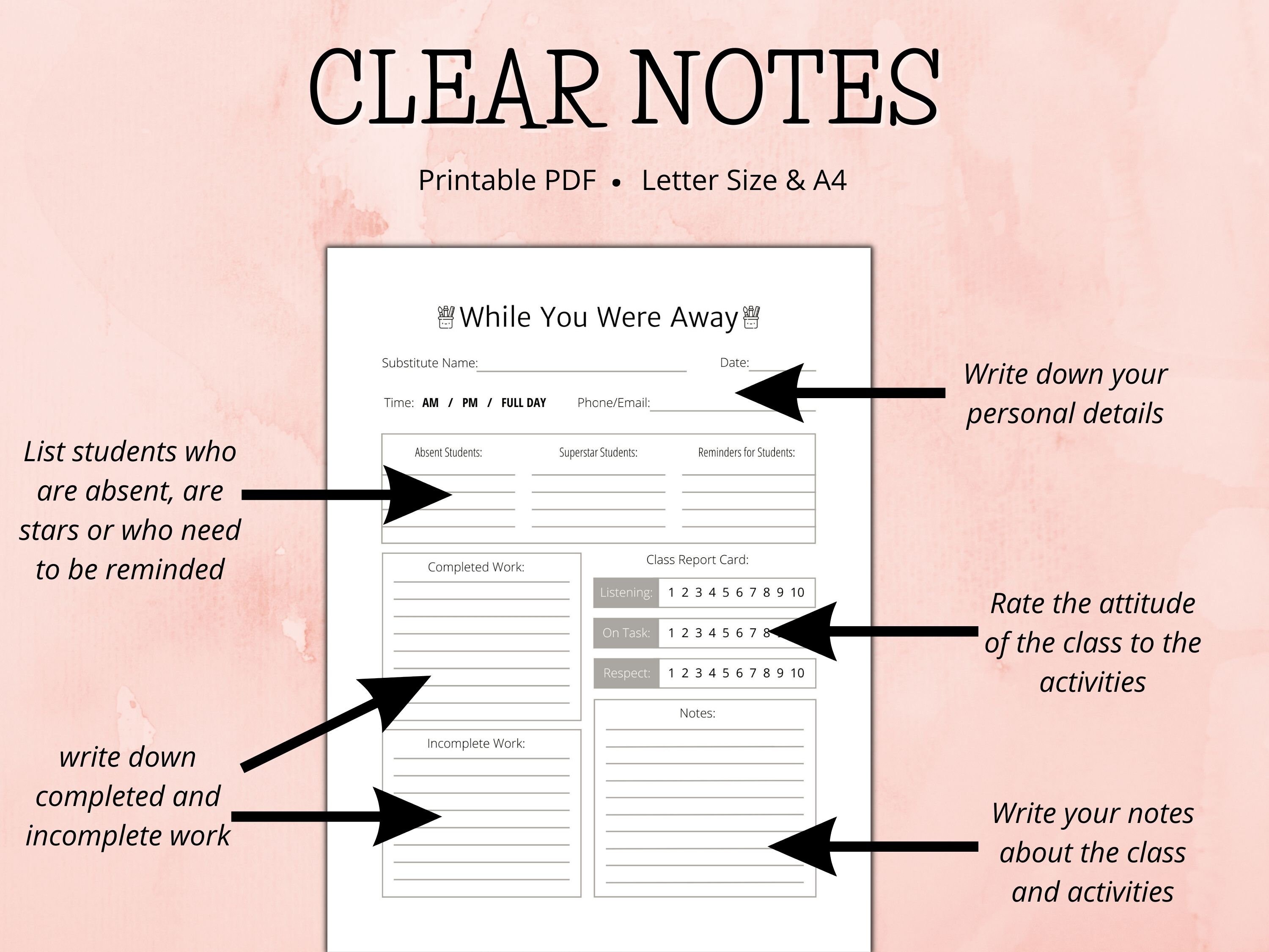 Substitute Teacher Note, Printable Substitute Teacher Template, Teacher ...