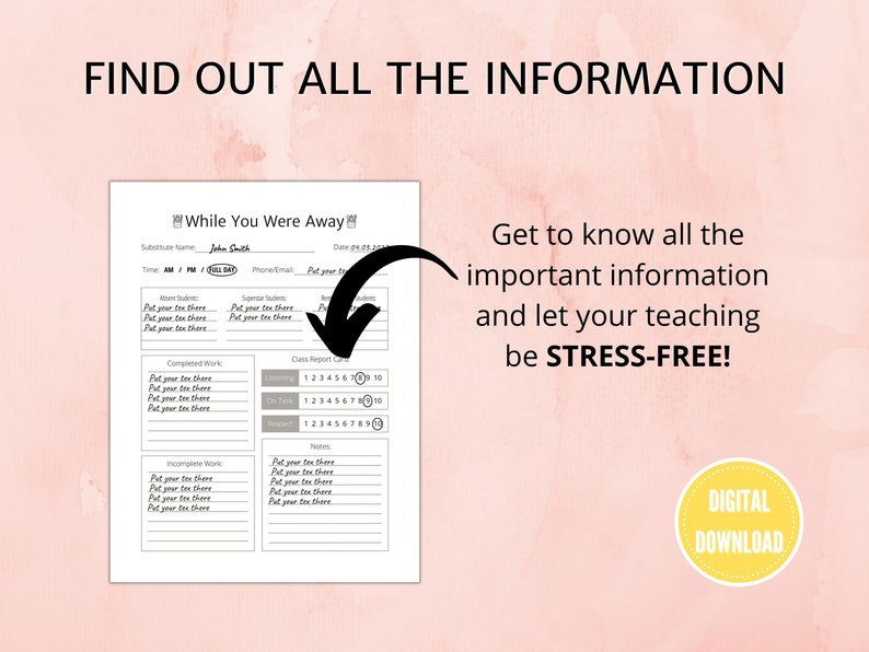 Substitute Teacher Note, Printable Substitute Teacher Template, Teacher ...