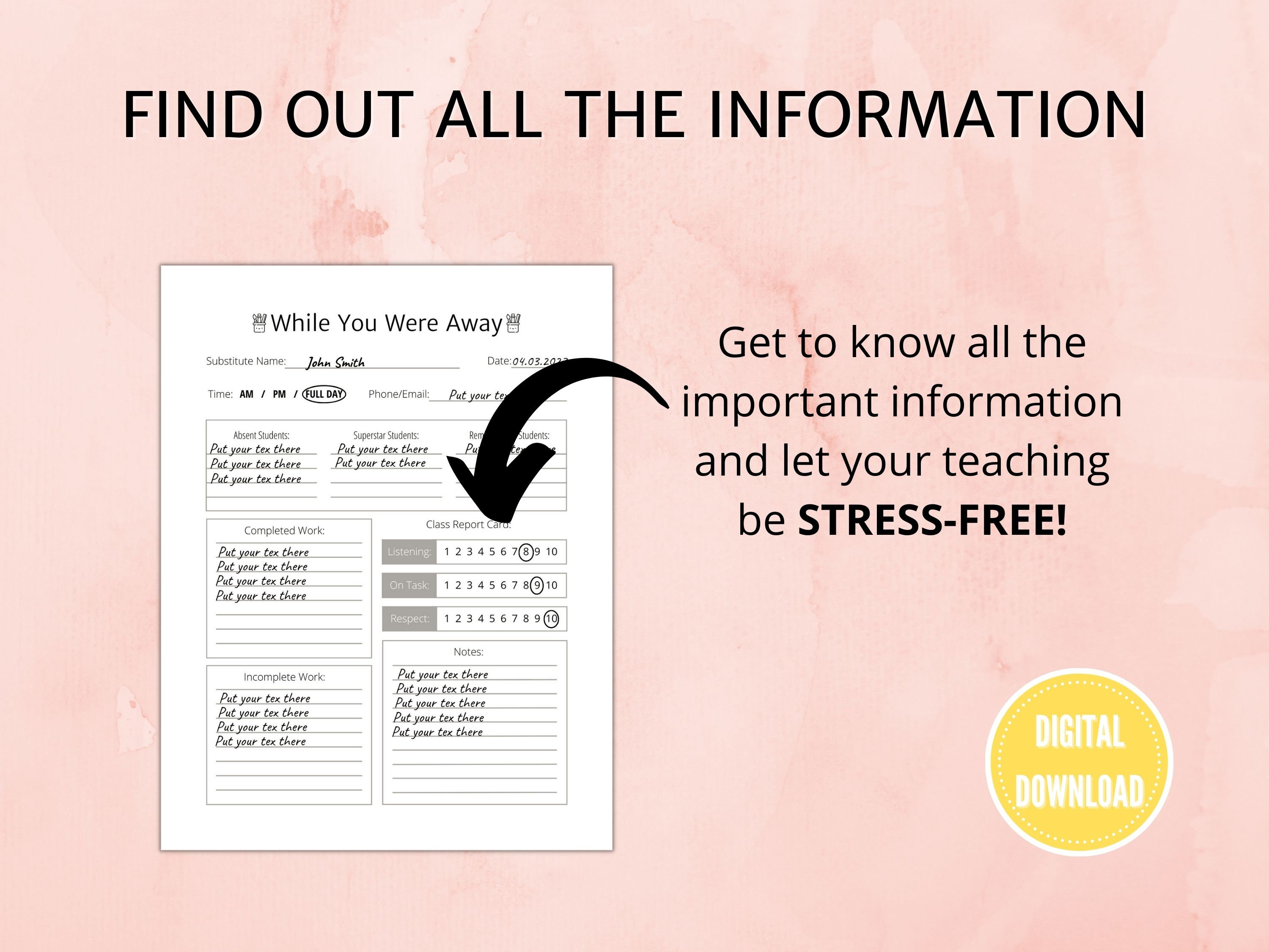 Substitute Teacher Note, Printable Substitute Teacher Template, Teacher ...