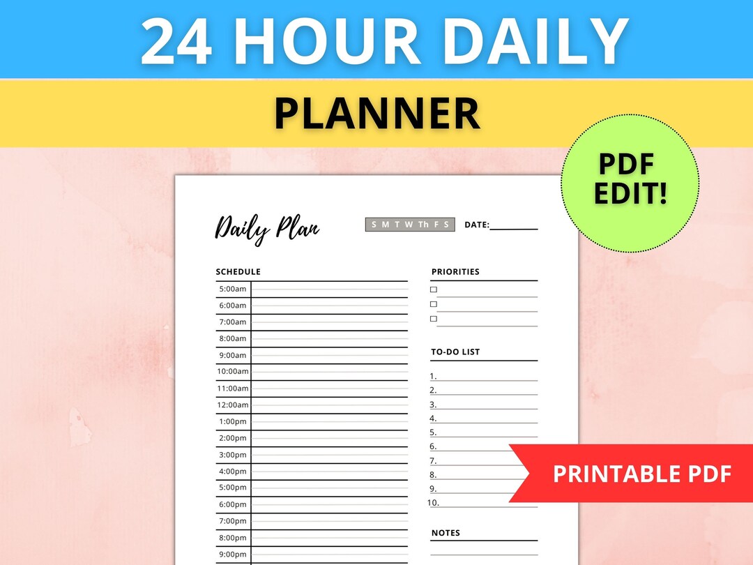 24 Hour Daily Planner Printable, Daily Time Management, To-do List ...
