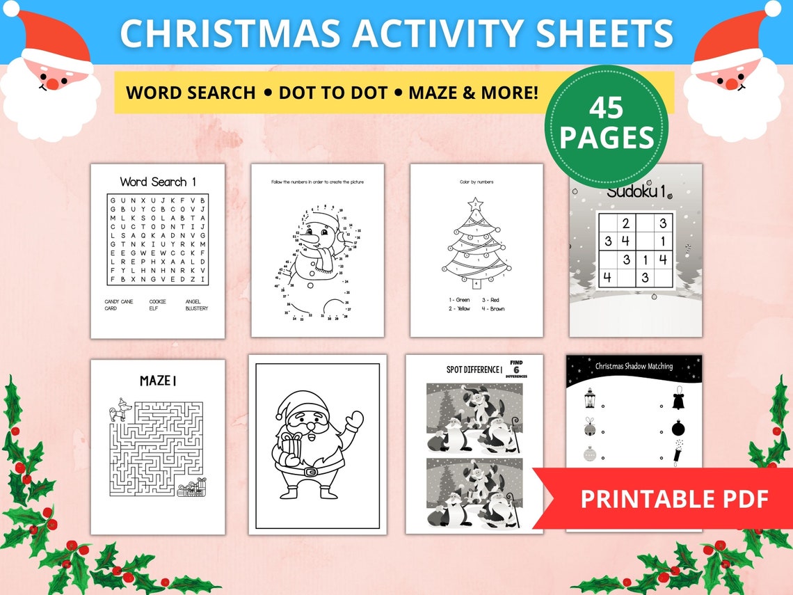 45 Christmas Activity Sheets: Coloring Pages, Word Search, Dot to Dot ...