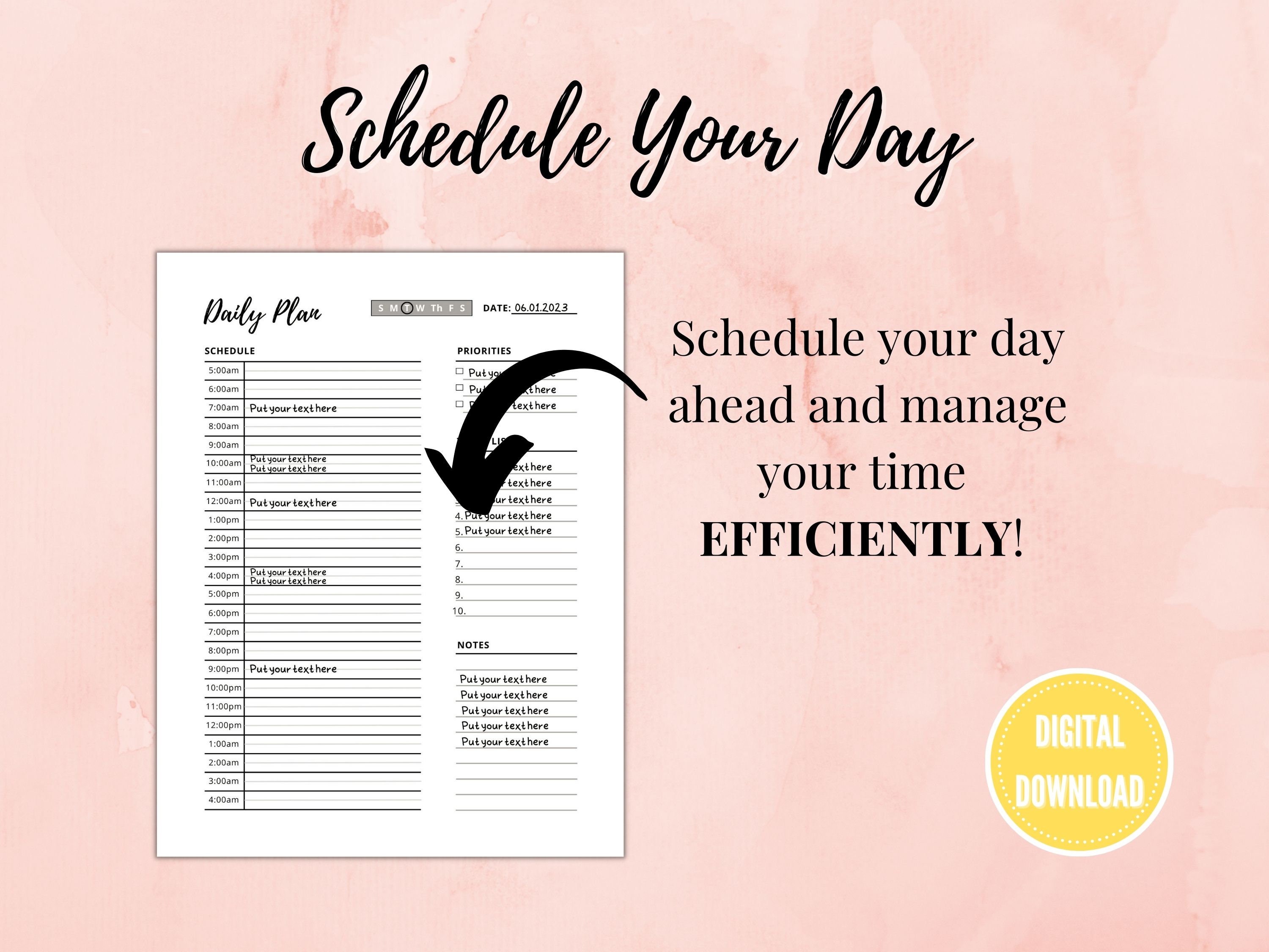 24 Hour Daily Planner Printable, Daily Time Management, To-do List ...