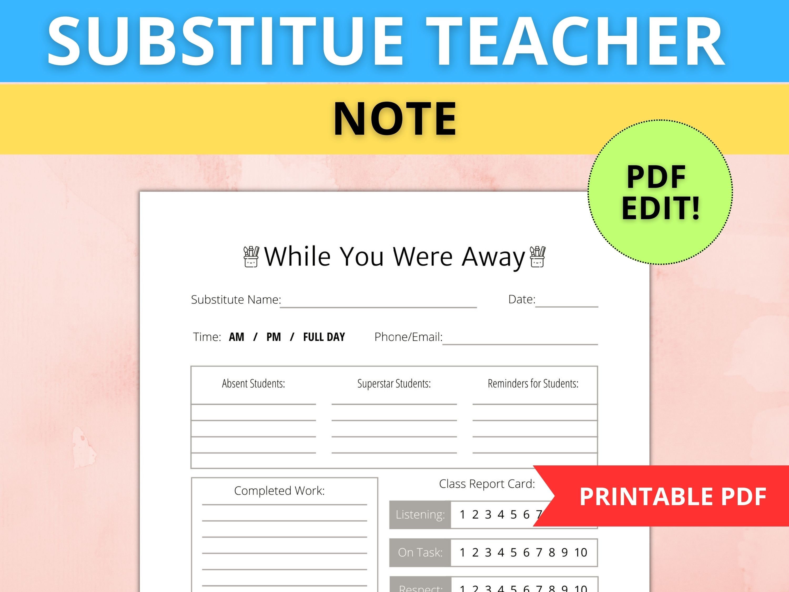 Substitute Teacher Note, Printable Substitute Teacher Template, Teacher ...