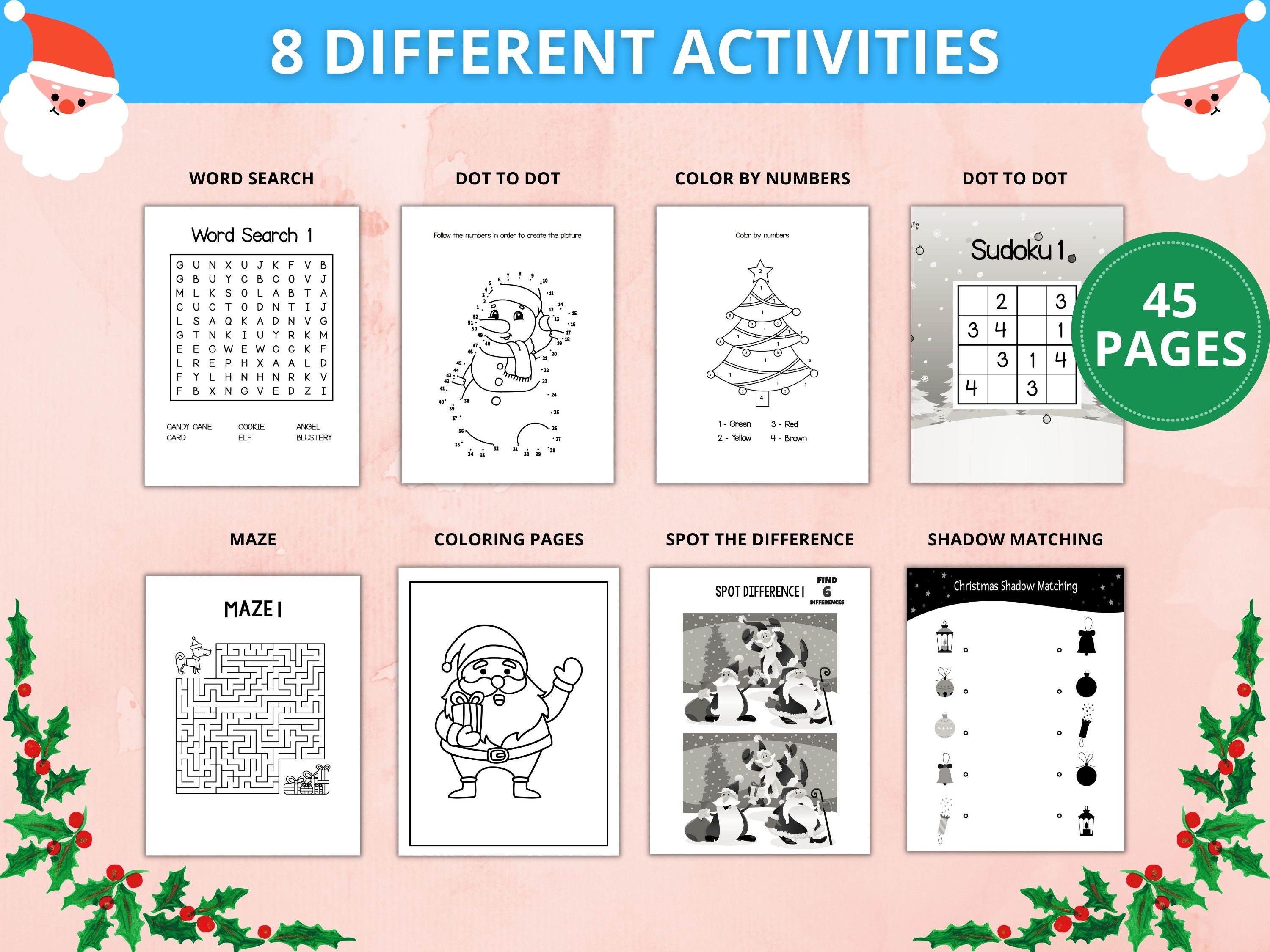45 Christmas Activity Sheets: Coloring Pages, Word Search, Dot to Dot ...