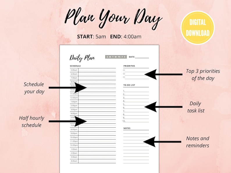 24 Hour Daily Planner Printable Daily Time Management To-do - Etsy