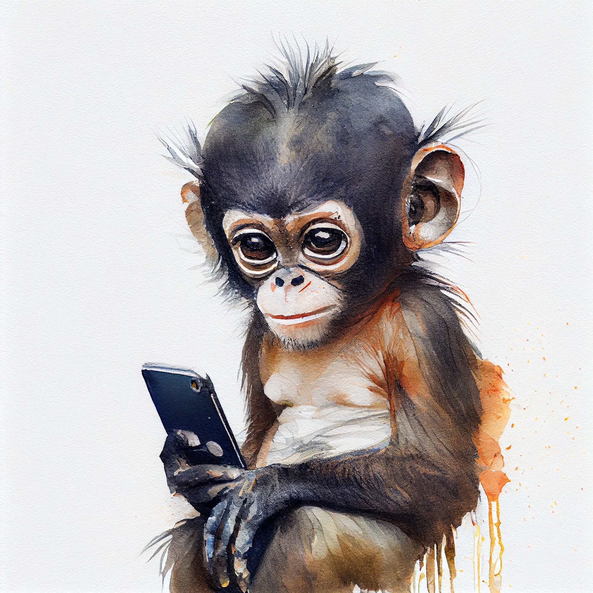 Cute Little Spider Monkey on the Phone, Monkey Watercolor Cutness, 4 ...