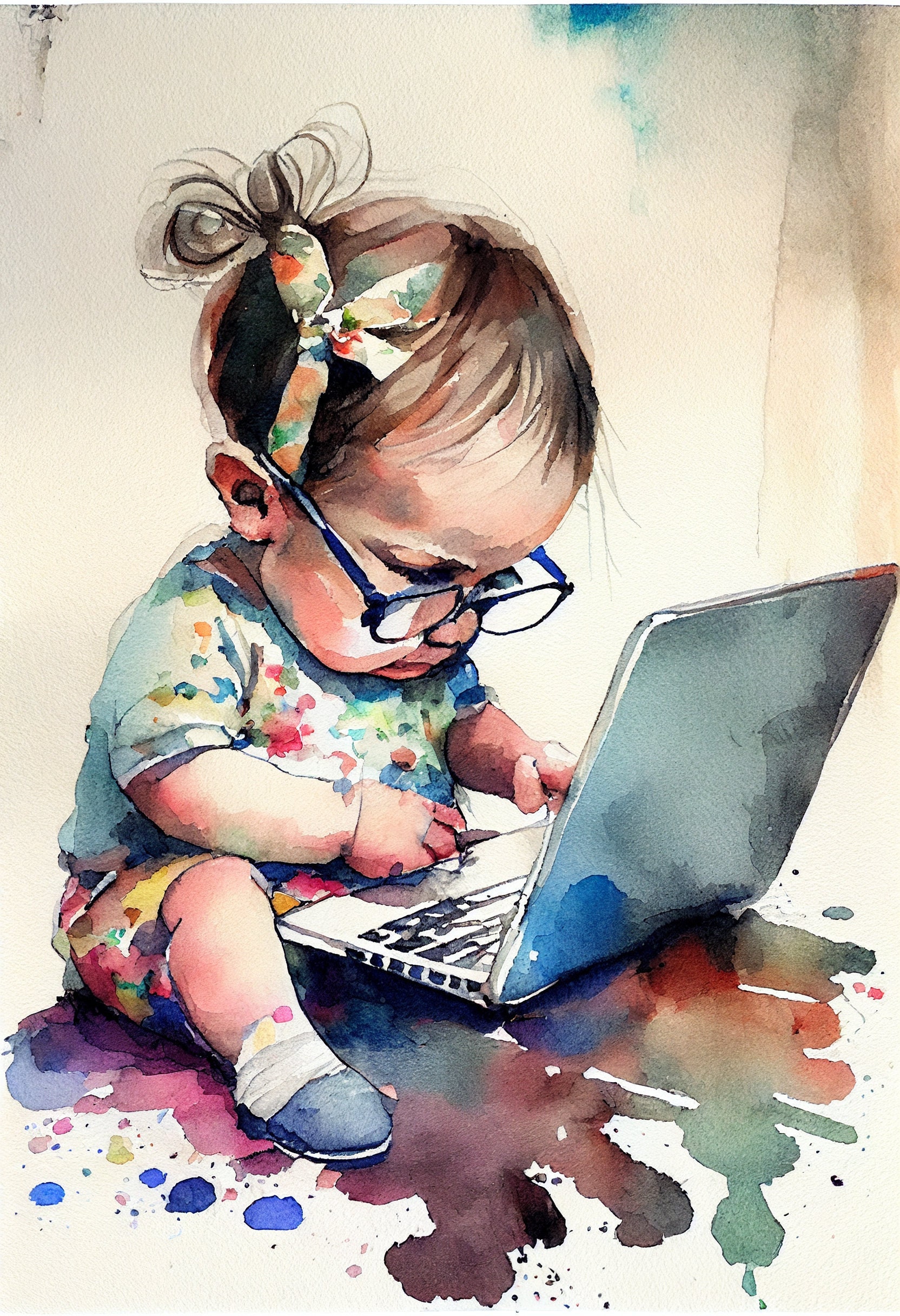 Child on Computer in Watercolor, AI Generated Digital Art, 1-PNG File ...