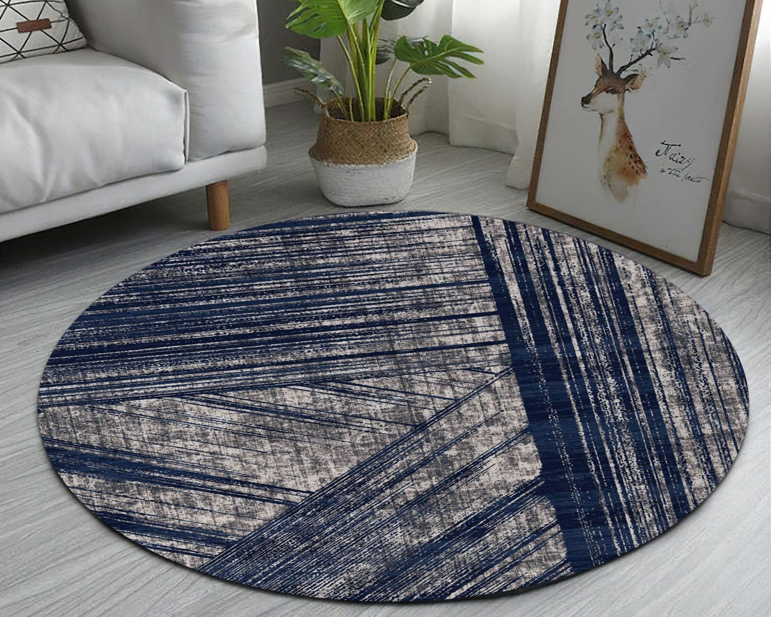 Striped Blue Rug, Modern Carpet for Living Room, Bedroom, Non-slip ...