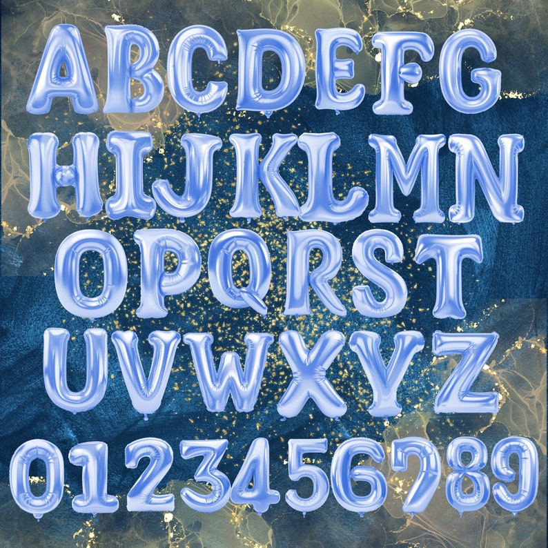 Blue Foil Balloon Alphabet and Number Clipart Bundle, A-Z Clipart PNG ...