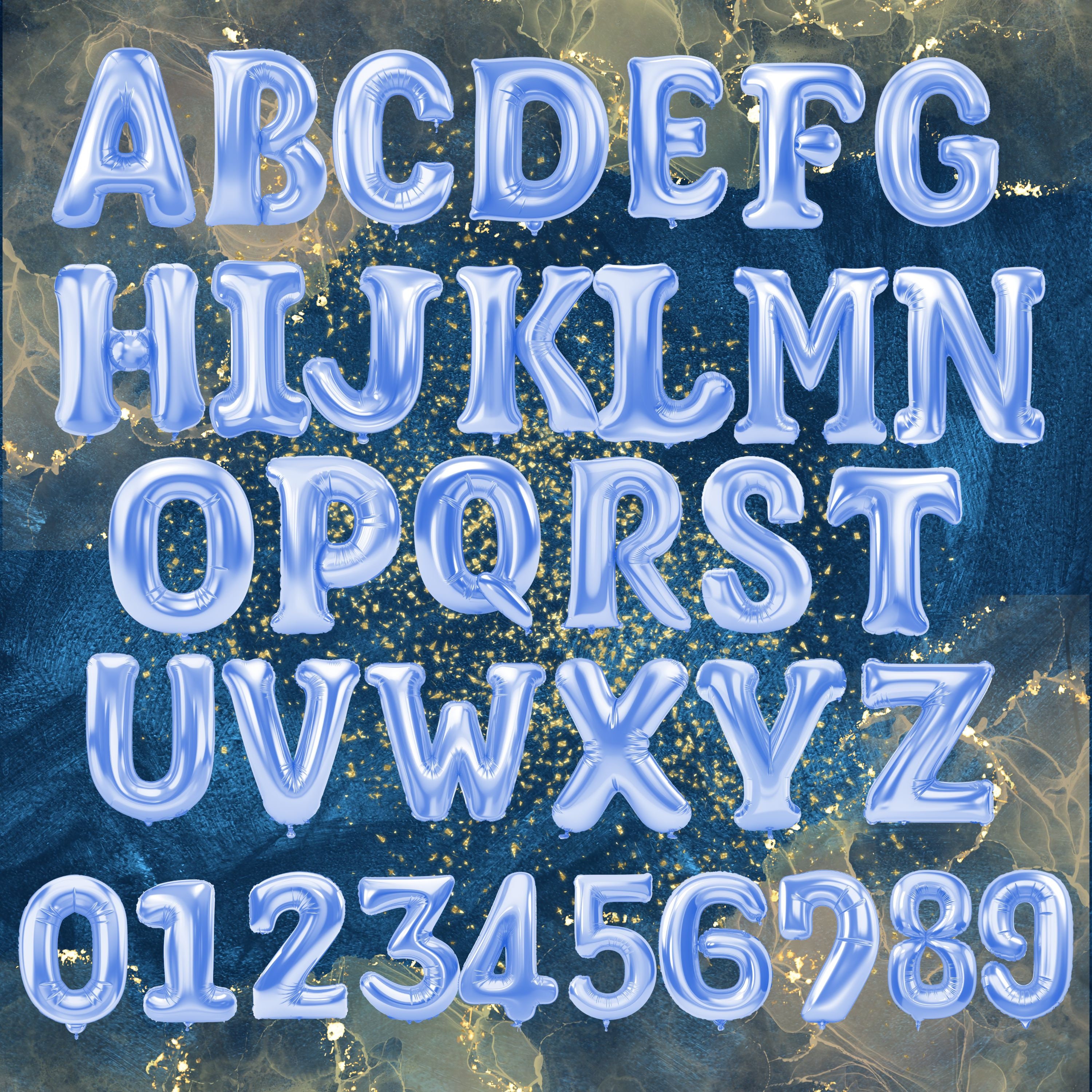 Blue Foil Balloon Alphabet and Number Clipart Bundle, A-Z Clipart PNG ...
