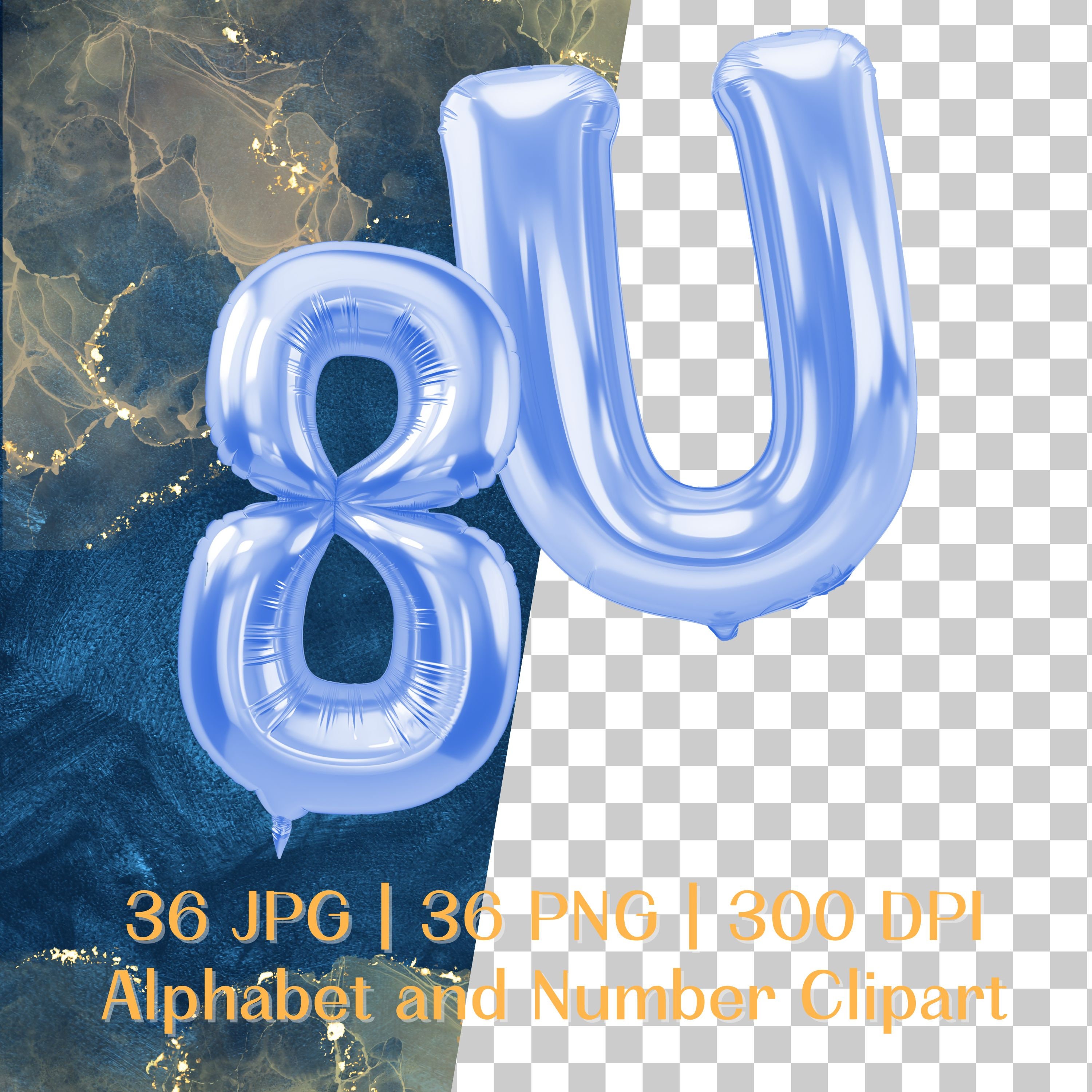 Blue Foil Balloon Alphabet and Number Clipart Bundle, A-Z Clipart PNG ...