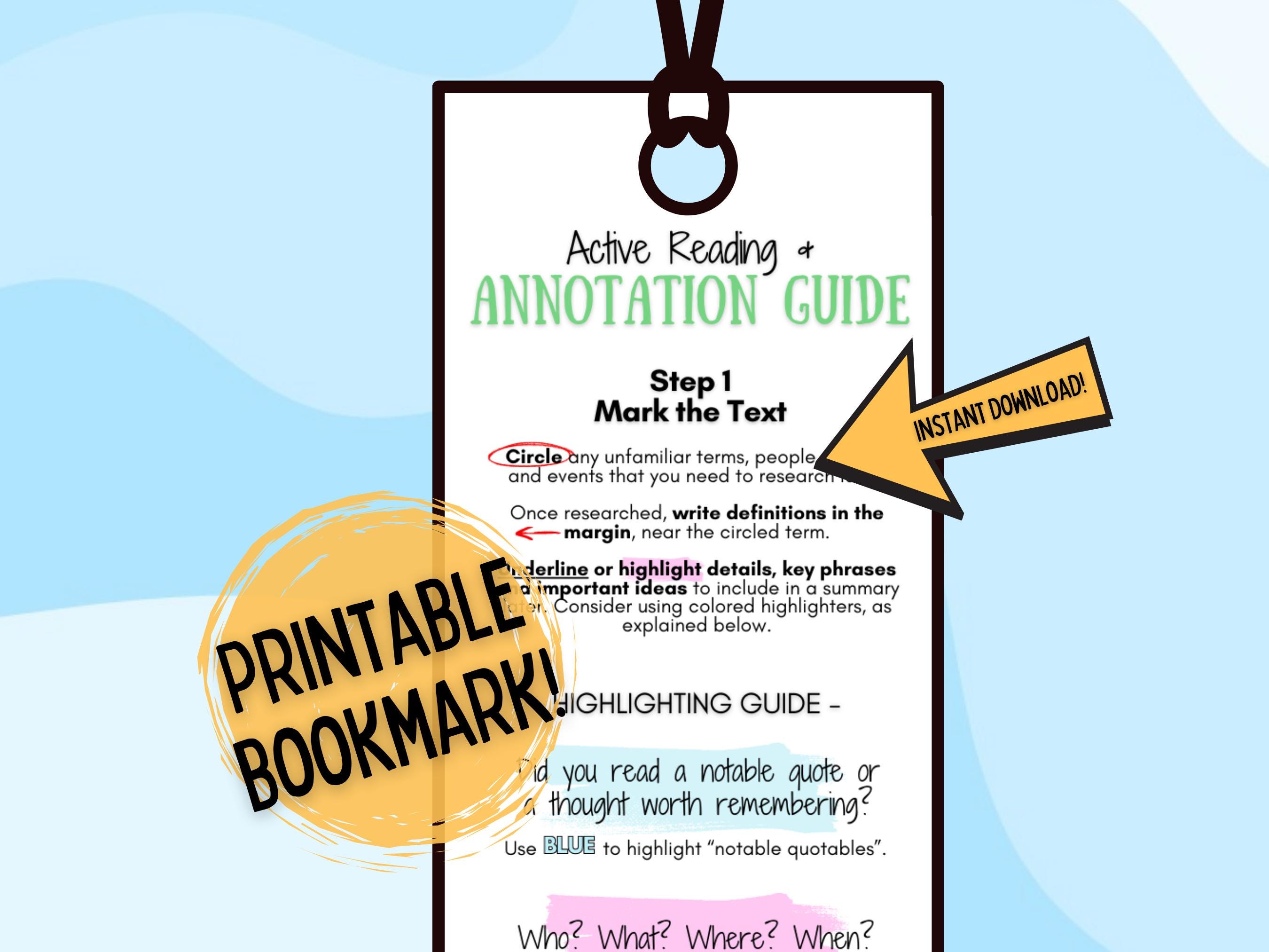 Active Reading, Annotation Guide, Highlighting Guide Bookmark, CC ...