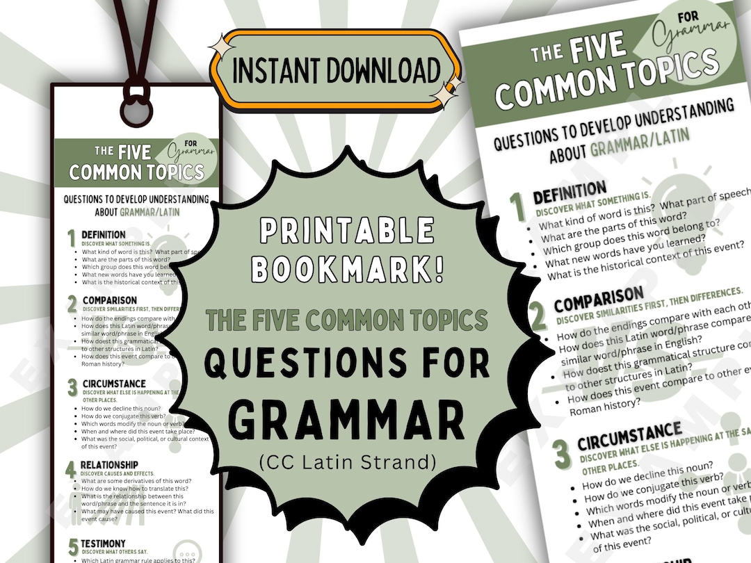 Five Common Topics Grammar, Latin Discussion Bookmark, Latin ...