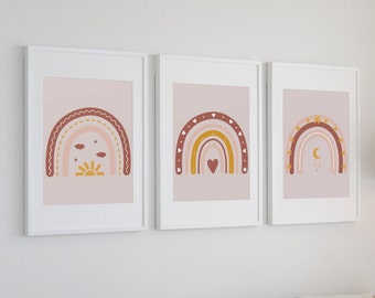 Boho Rainbow Set of 3 Nursery Prints, Girl Nursery Wall Art, Nursery ...