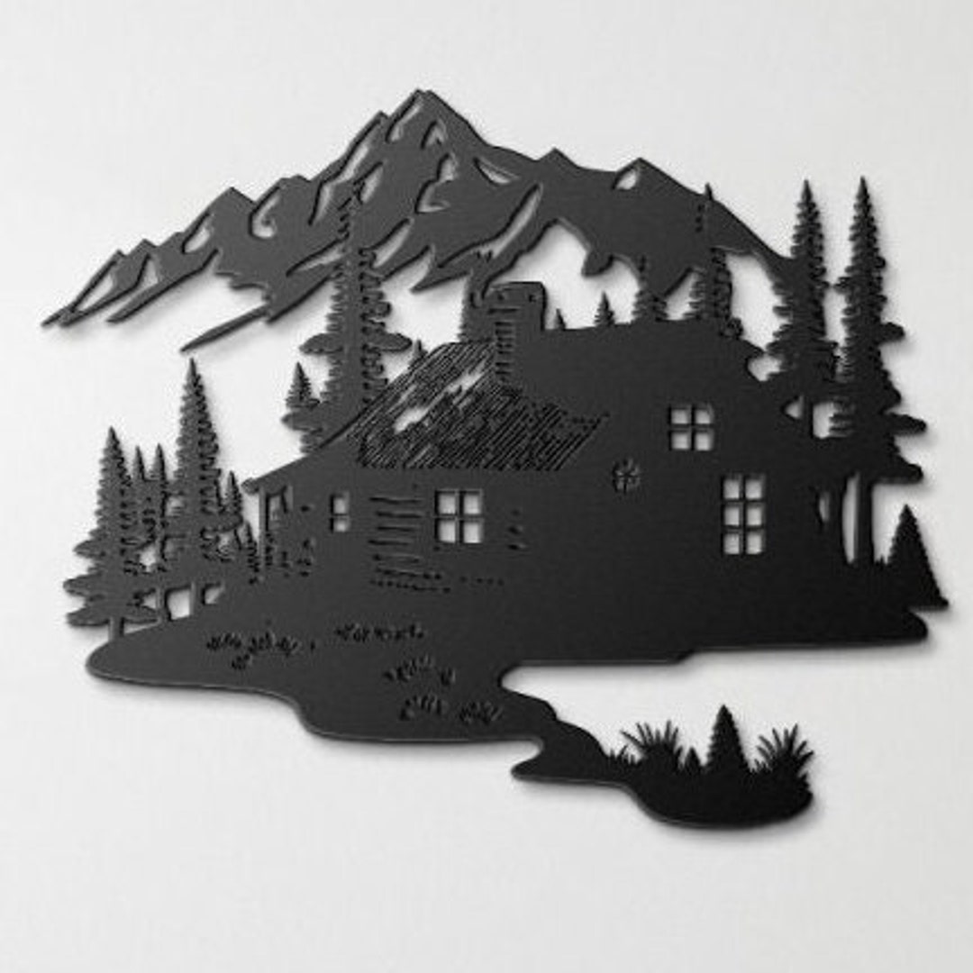 Unique Wall Art Snowy Cabin in the Mountains Metal Mountain Decor ...