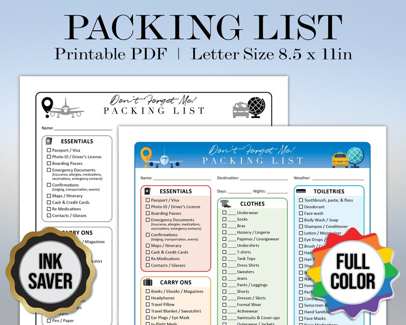 Printable Travel Packing List - Etsy