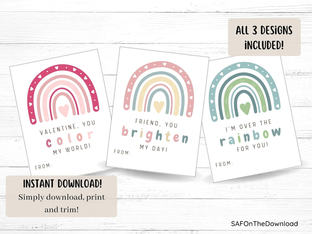 Rainbow Valentine Card Printable Kid's Class Valentines Valentine ...