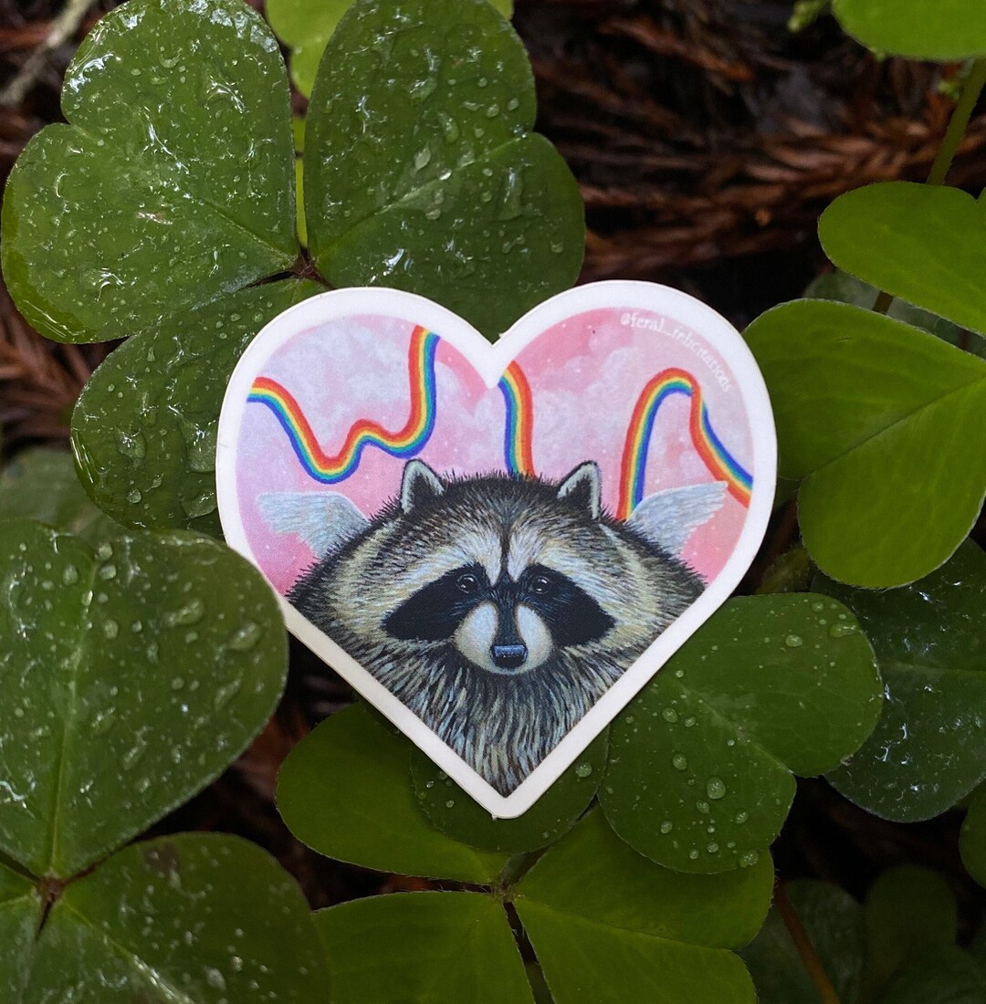 Raccoon Rainbow Angel Heart Sticker Decal Original Art by Feral ...