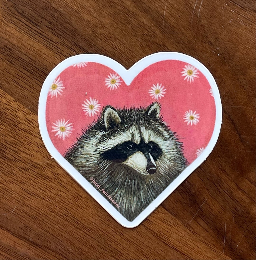 Whimsical Raccoon and Flower Heart Sticker Decal Original Art by Feral ...