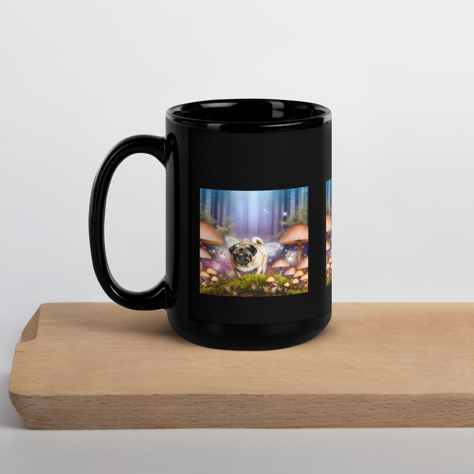 Black Glossy Mug-pug-fairy-mushrooms-design - Etsy