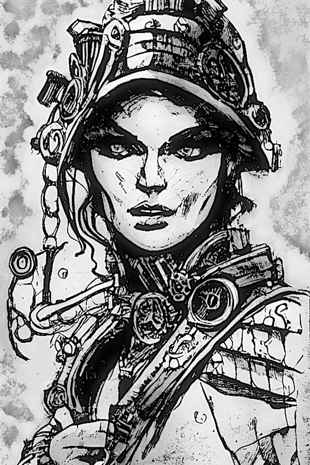 Steampunk Female Portrait Digital Art Download: Black & White Drawing ...